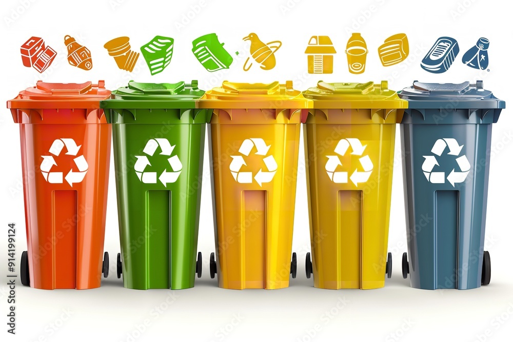Recycle bins in the colors green, yellow, orange, red, blue, and black ...