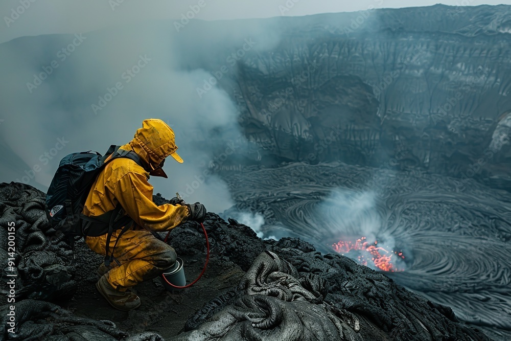 Researchers studying volcanoes gather data close to the crater of a ...