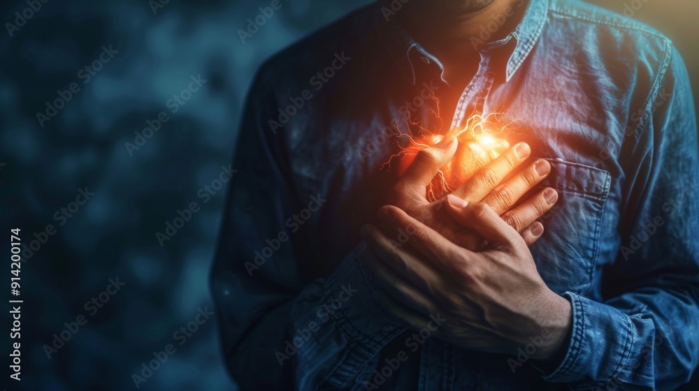 hand hold chest with heart attack symptoms, man have chest pain caused ...