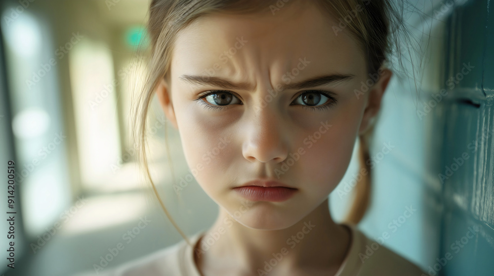 Sad little girl unhappy young pupil or toddler with an unsatisfied ...