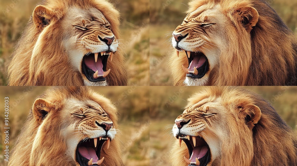 Collection of 4 Images Featuring an Angry Lion's Face in Side View ...