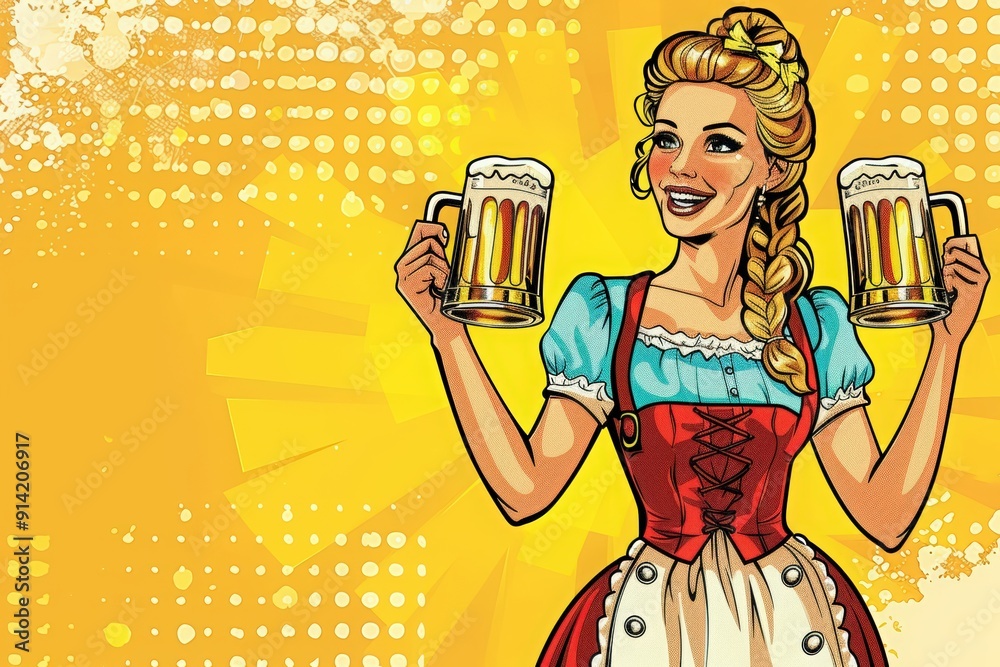 comic pop art style, a beautiful blonde woman in traditional German ...