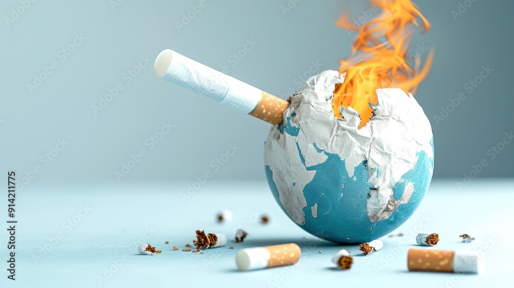 Burning cigarette illustrating global smoking impact on the environment ...