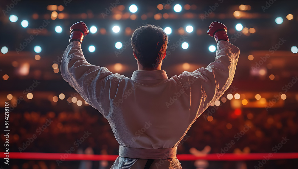 Karate athlete celebrating victory in front of cheering crowd with ...
