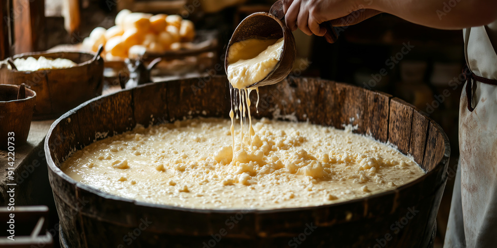 Traditional cheese-making process with a cheesemaker stirring curds in ...