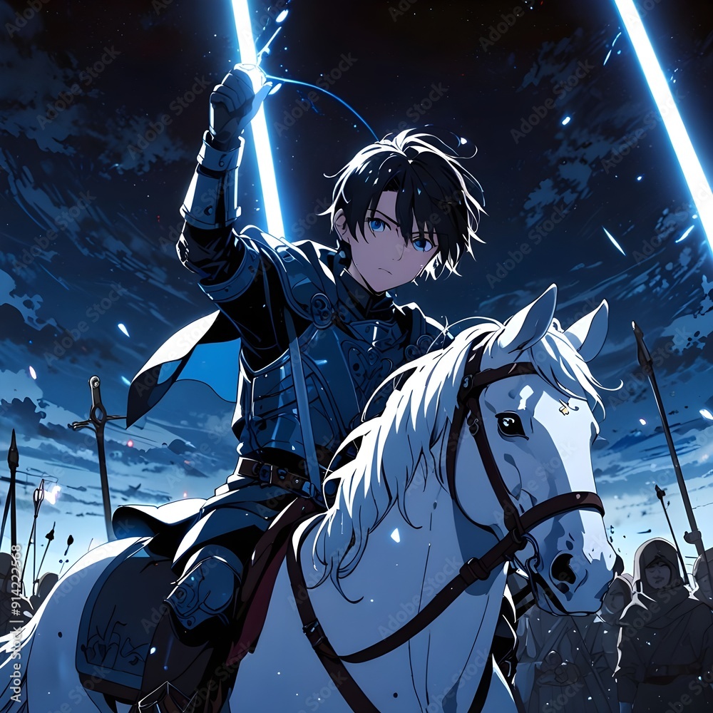 A young handsome man knight with blue eyes riding a horse in the anime ...