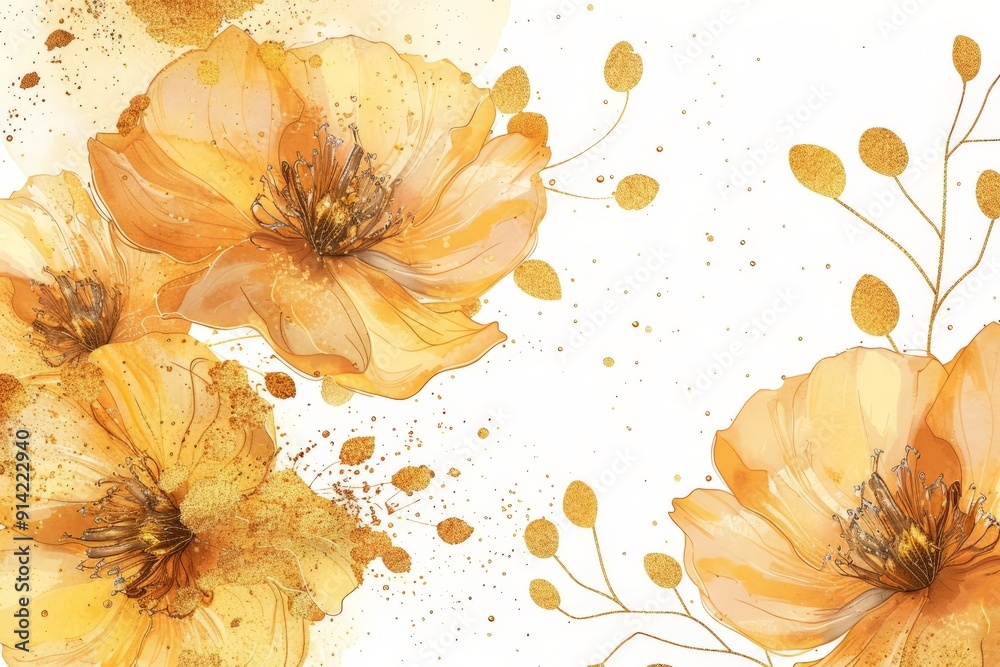 Luxury gold floral line art illustration gold glitter and mustard ...