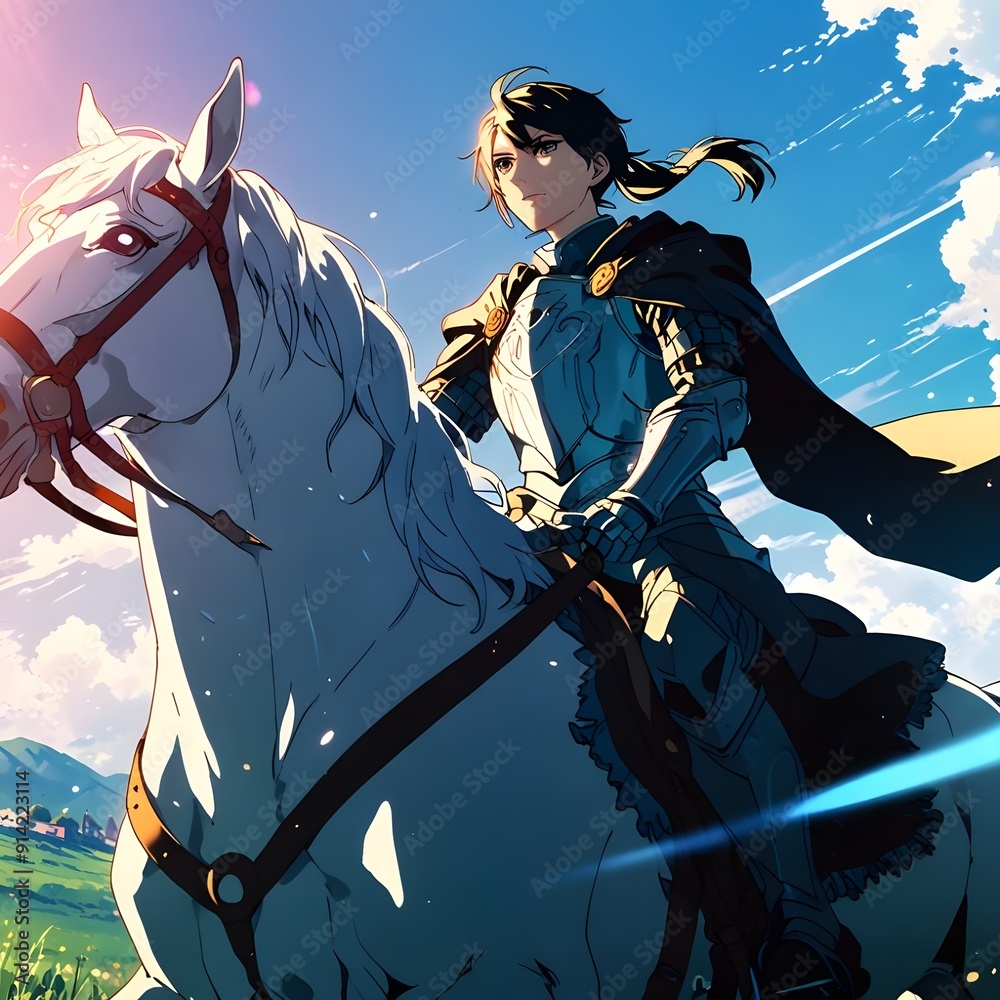 A young handsome man knight with blue eyes riding a horse in the anime ...