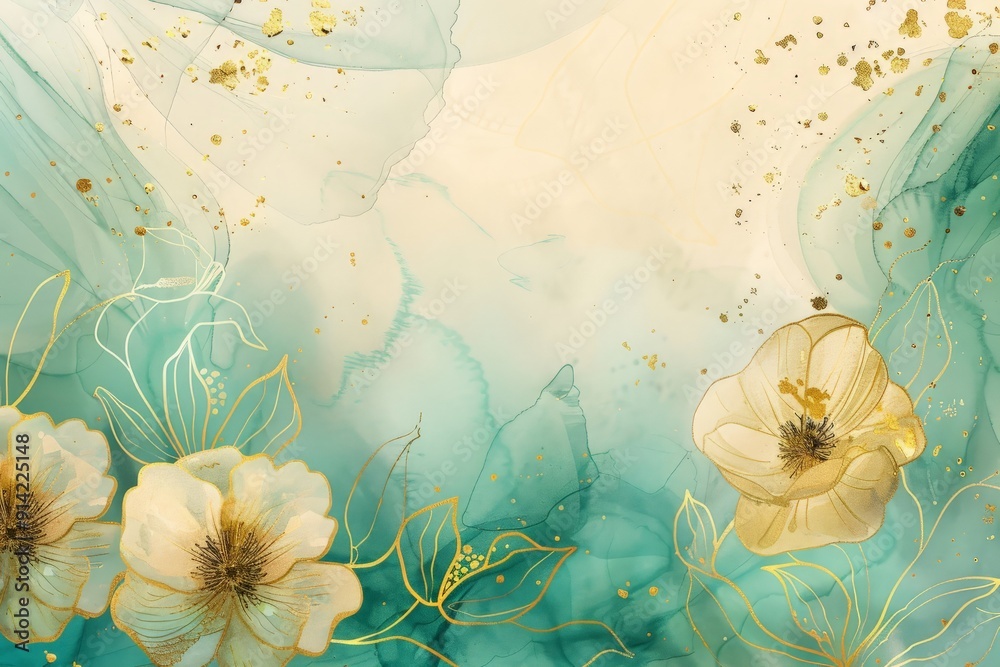 Luxury gold floral line art illustration gold glitter and soft green ...