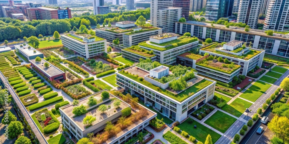 Aerial view of urban green roofs and gardens, showcasing eco-city ...
