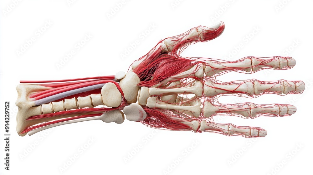 Detailed anatomical model of a human hand showcasing bones, muscles ...