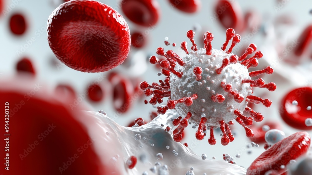 Detailed illustration of red blood cells and virus particles ...