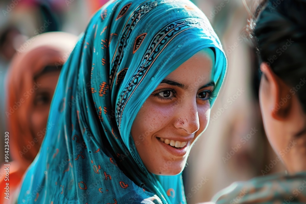 Happy, smiling woman in hijab engaged in conversation. Cultural and ...