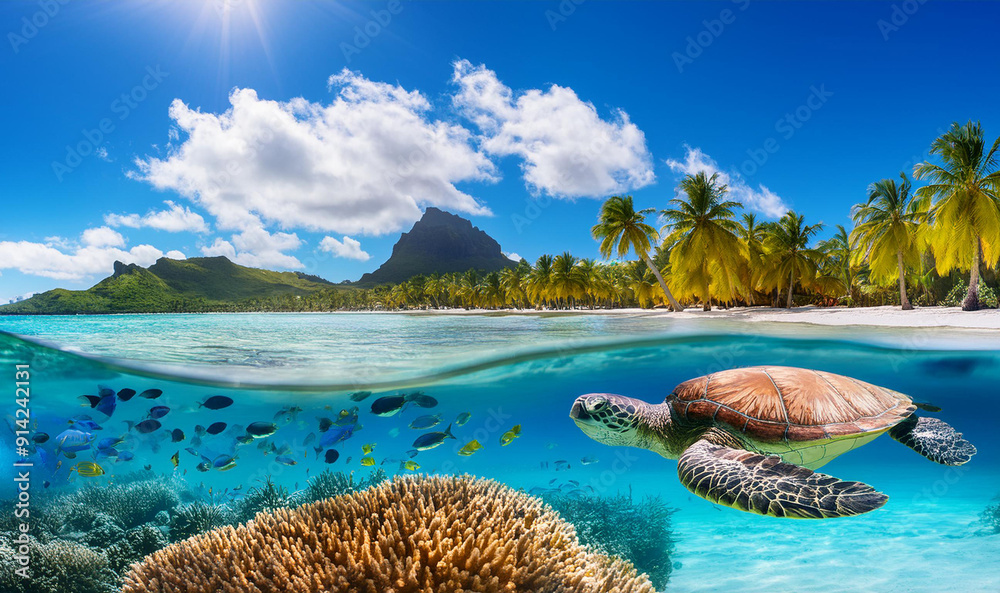 Indian Ocean, Mauritius colorful fish and vibrant coral reefs and sea ...