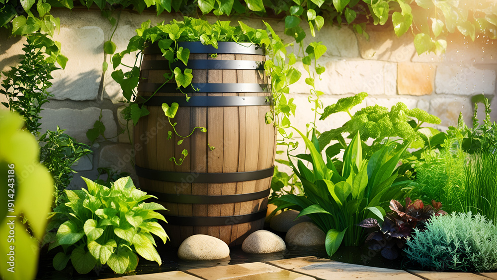 rainwater harvesting system in the garden with barrel, ecological ...