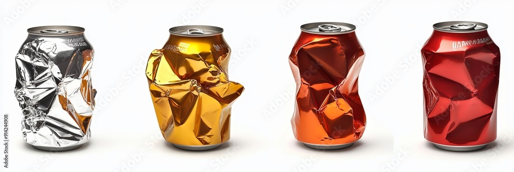 Set of crushed Energy drink soda cans in different shapes, with a ...