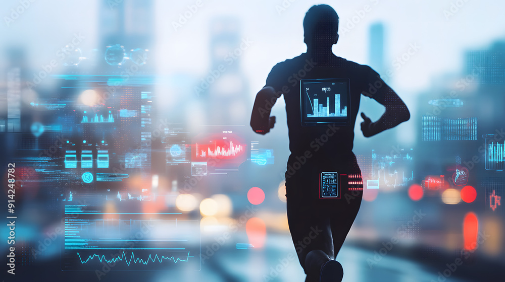 silhouette of a running man blurry background wearable technology icons ...
