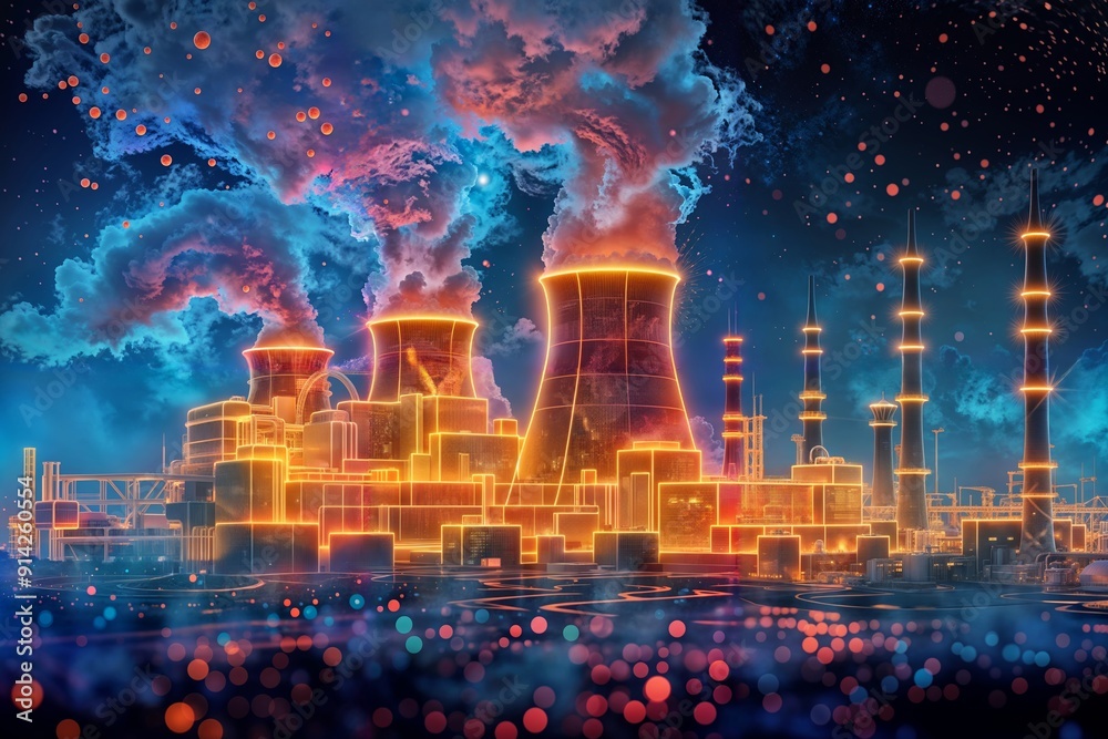 Nuclear energy. A futuristic nuclear power plant with glowing reactors ...