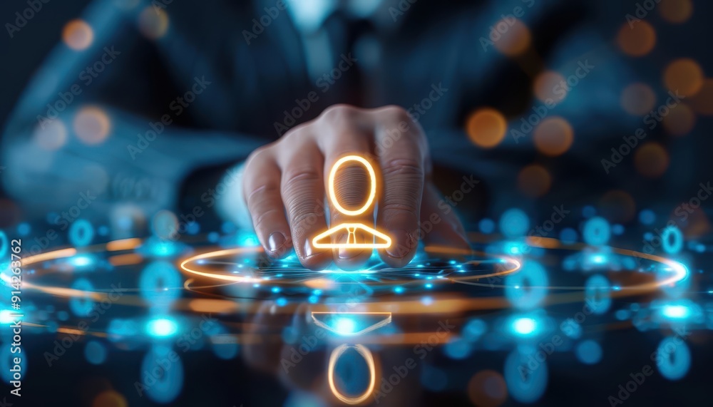 Hand selecting a digital user icon in a futuristic network interface ...