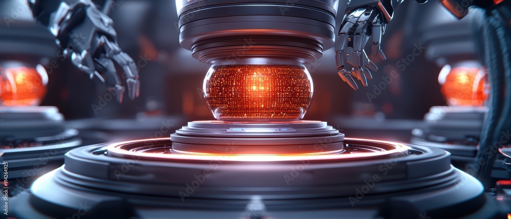 Futuristic robotic hands interact with glowing orbs in a high-tech laboratory setting ...