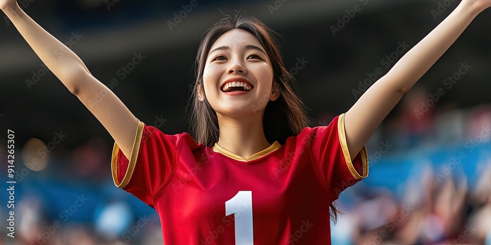 asian female fan cheering in stadium, blank red football jersey, gold ...