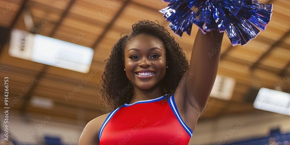 professional black cheerleader cheering in basketball stadium, blank ...