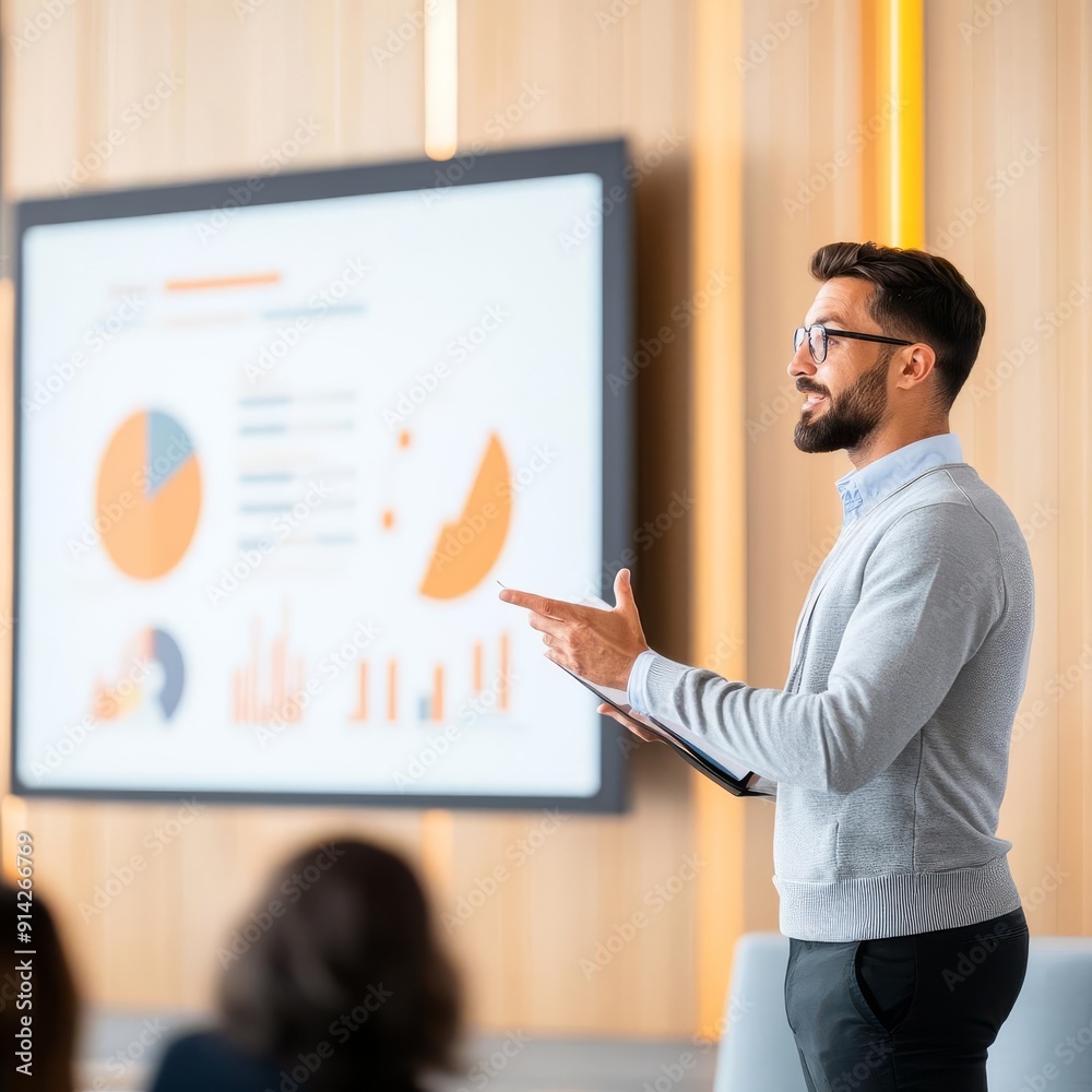 Candidate giving a compelling presentation in a modern conference room ...