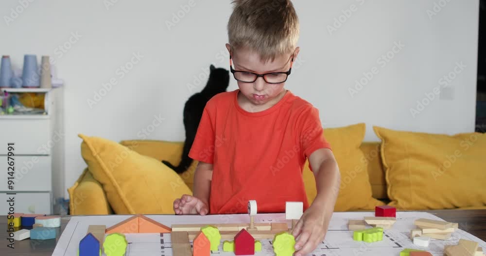 Smart boy with glasses builds town of wooden details on blueprints at ...