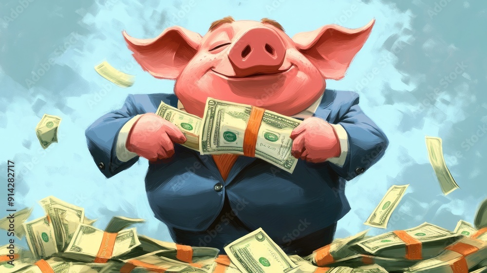 Fat pig loaded with money, showcasing greed and wealth in a cartoon ...