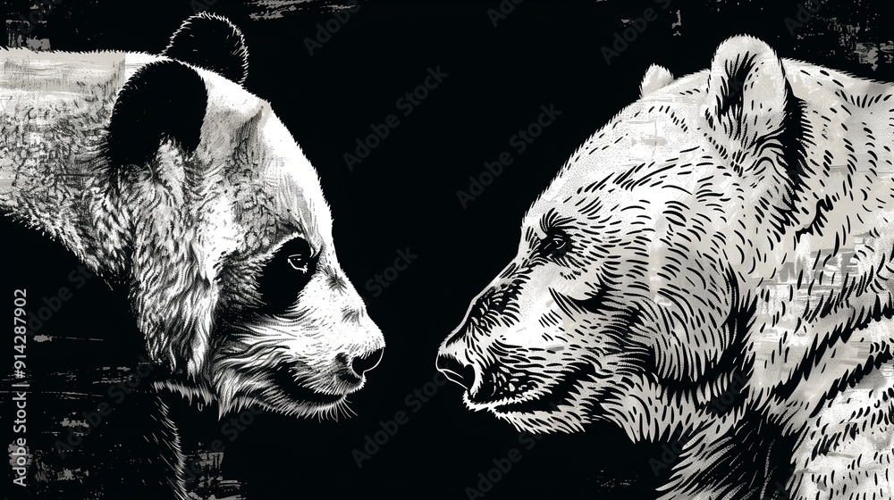 A black and white illustration of a panda and a polar bear facing each ...