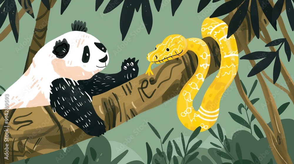 Illustration of a panda and a snake on a tree branch, symbolizing the ... Illustration of a panda and a snake on a tree branch, symbolizing the ...