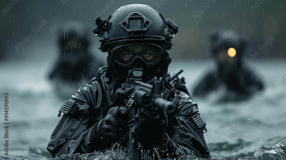 Through the Storm: A soldier clad in tactical gear, his face obscured ...