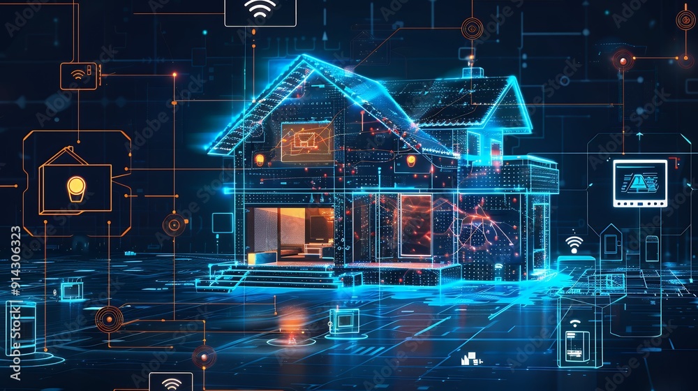 Rendering of smart home technology on smartphone with hologram house ...