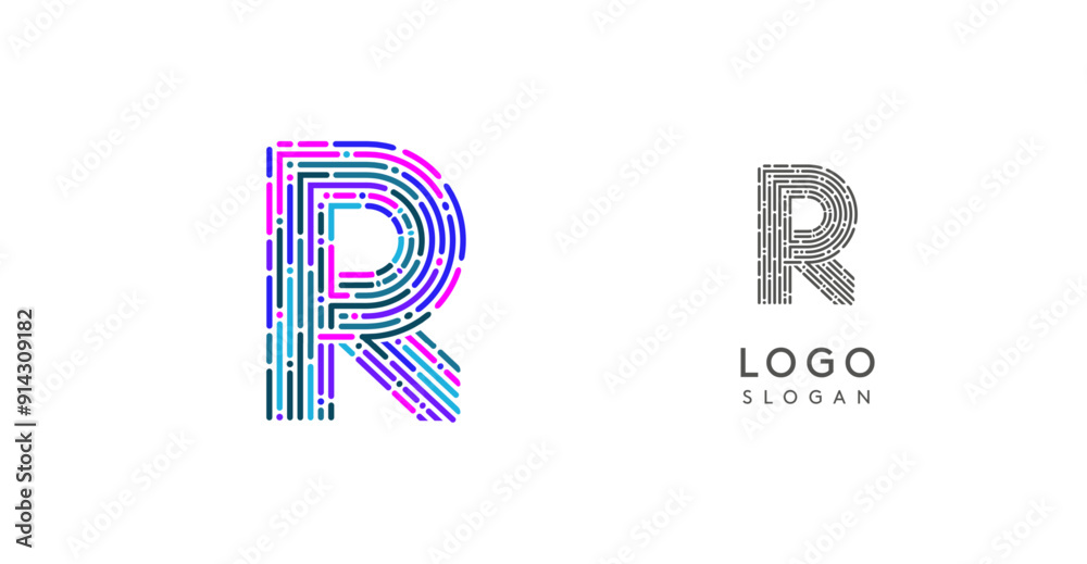 Colorful abstract letter R logo design with futuristic circuit pattern ...
