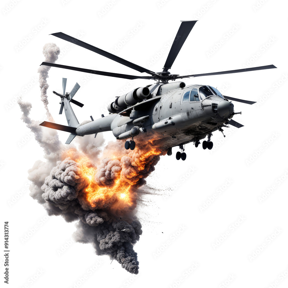 Exploded amilitary helicopter from a missile hit isolated on the ...