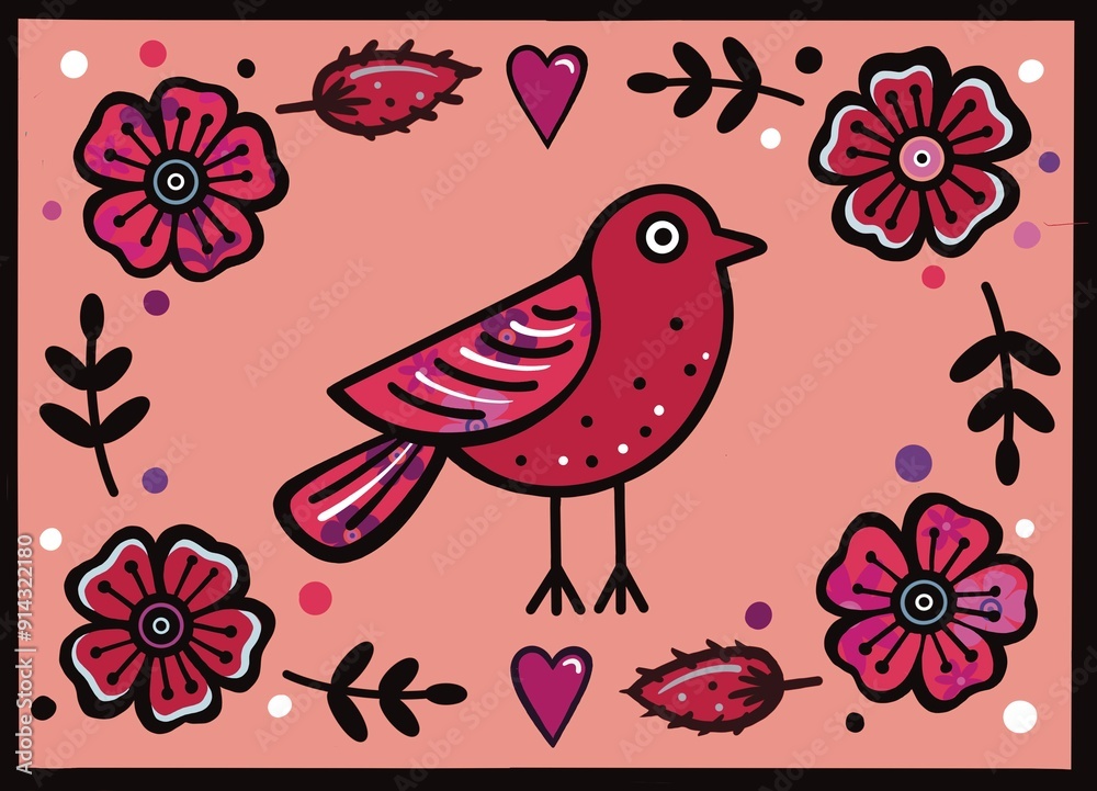 Collage bird illustration with flowers and hearts. Folk art style bird ...