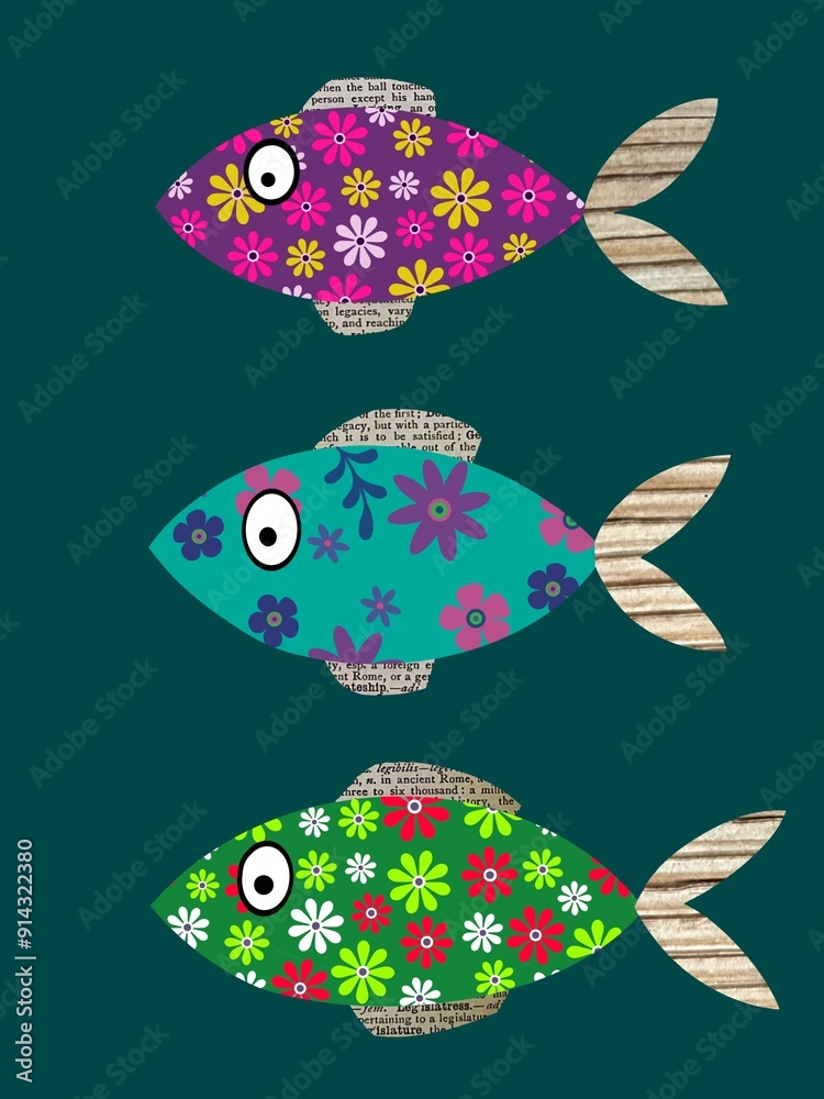 Fish collage created with floral patterns and old text. Collage fish ...
