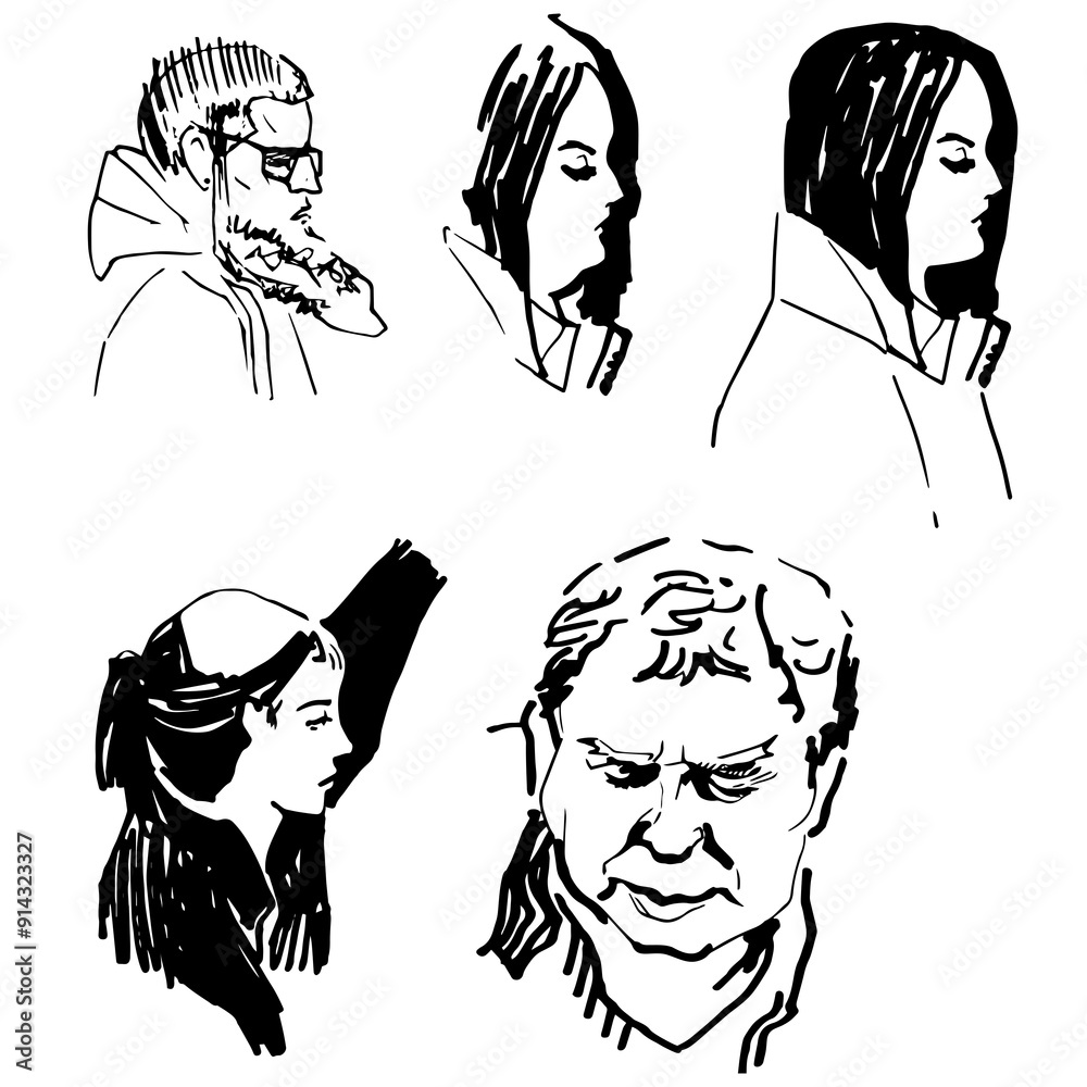 Set Clip art Line portraits sketch people different ege old young ...