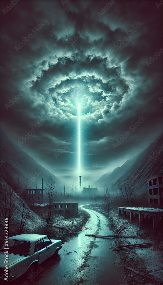 A haunting horizontal scene depicting a glowing radiation beam in the ...