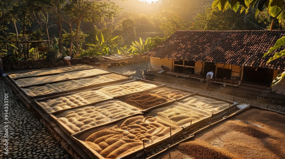 Sun-drenched crops drying on wooden platforms outside a traditional hut ...