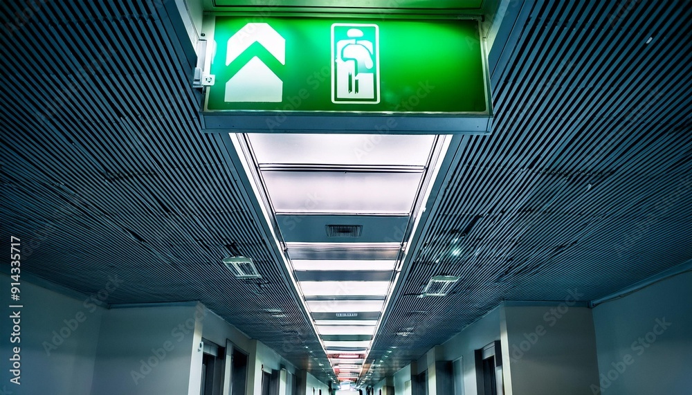 Building corridor with light green emergency exit sign hanging on ...