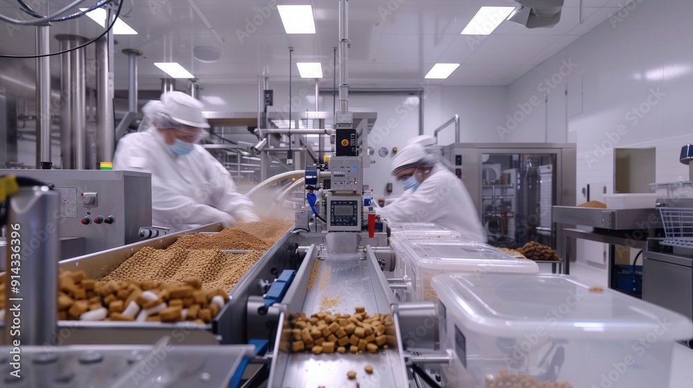 Two workers in white uniforms operate a food processing line, sorting ...