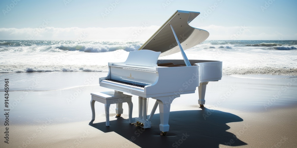 The picture of the white grand piano placing at beach under the ...