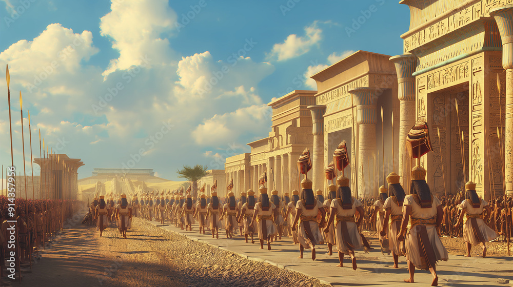 The scene showcases a grand procession in an ancient Egyptian setting ...