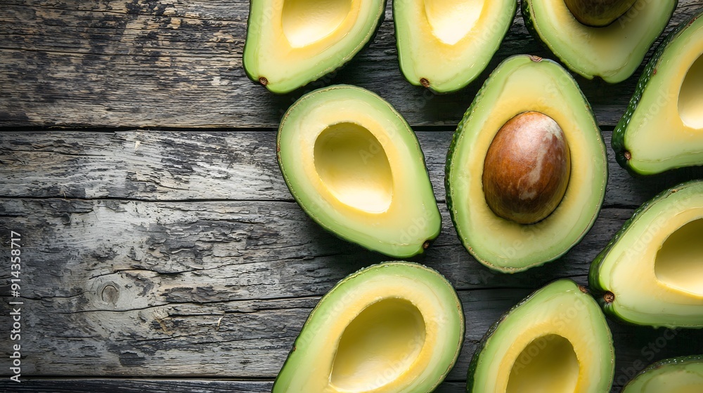 Avocado Frame on a Rustic Table A frame of avocados placed on a rustic ...