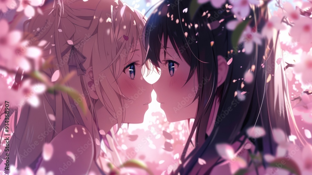 Two anime girls with long hair stand close together, their faces inches ...