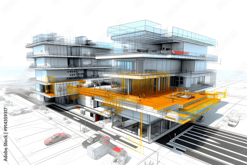 Architectural 3D model of a modern building with wireframe and yellow ...