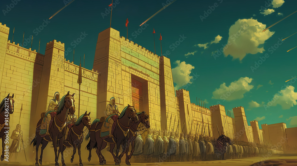 A majestic scene of an ancient fortified city with high, imposing walls ...