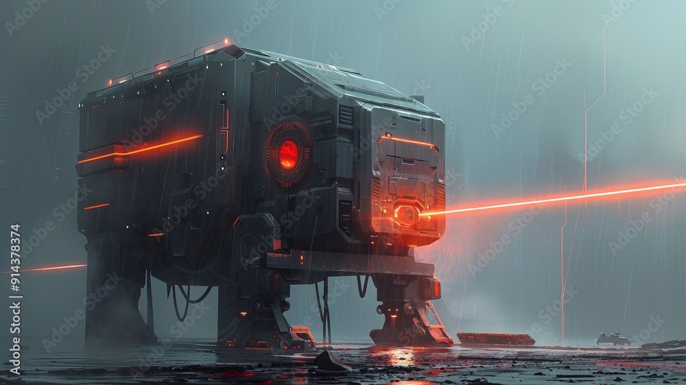 A futuristic robot walker with a laser in a dystopian landscape ...