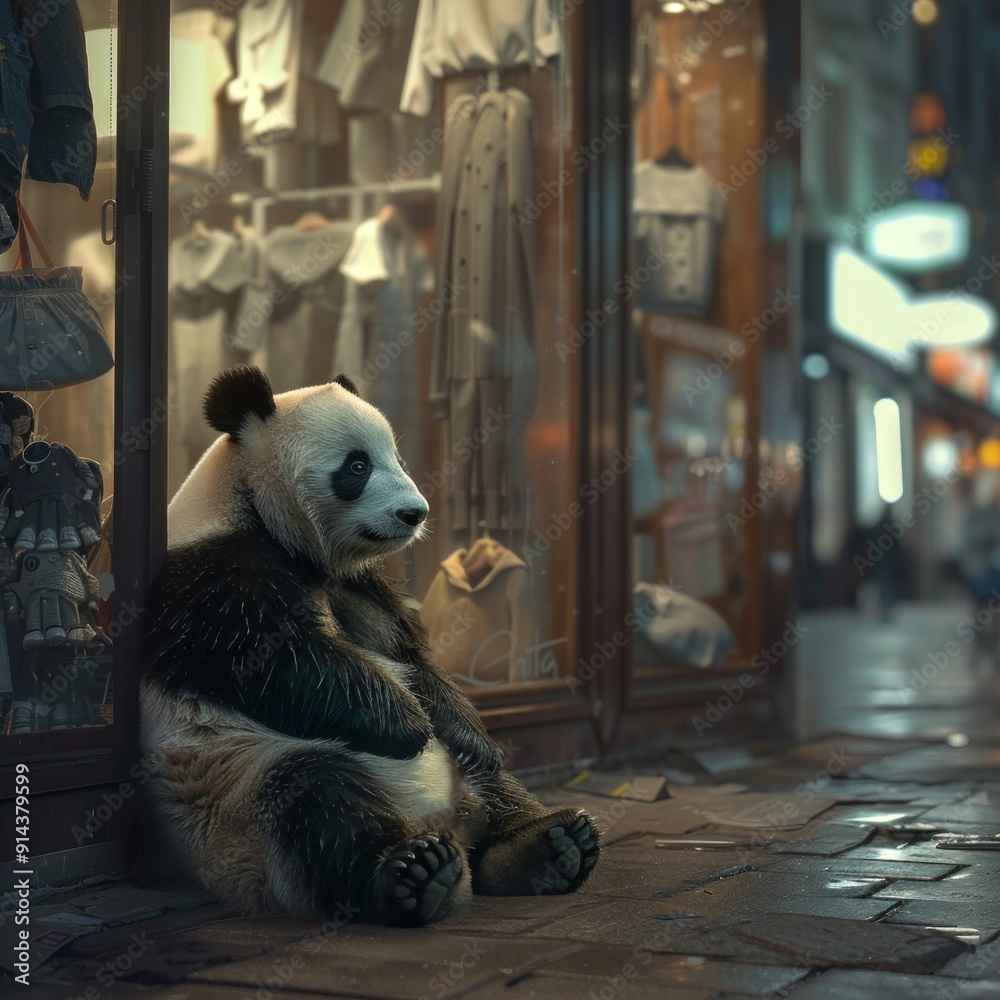 Lonely panda sitting by a shop window at night in a city. Realistic and ...